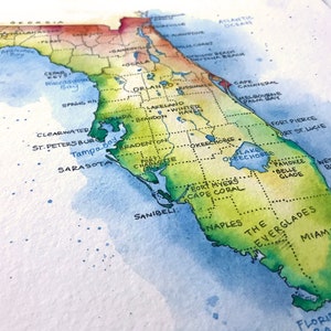 Florida Map Watercolor Illustration Colorful Vacation Map Wall FL Art ...