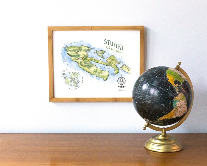 Stuart Island WA Map Watercolor Illustration Turn Point Lighthouse San ...