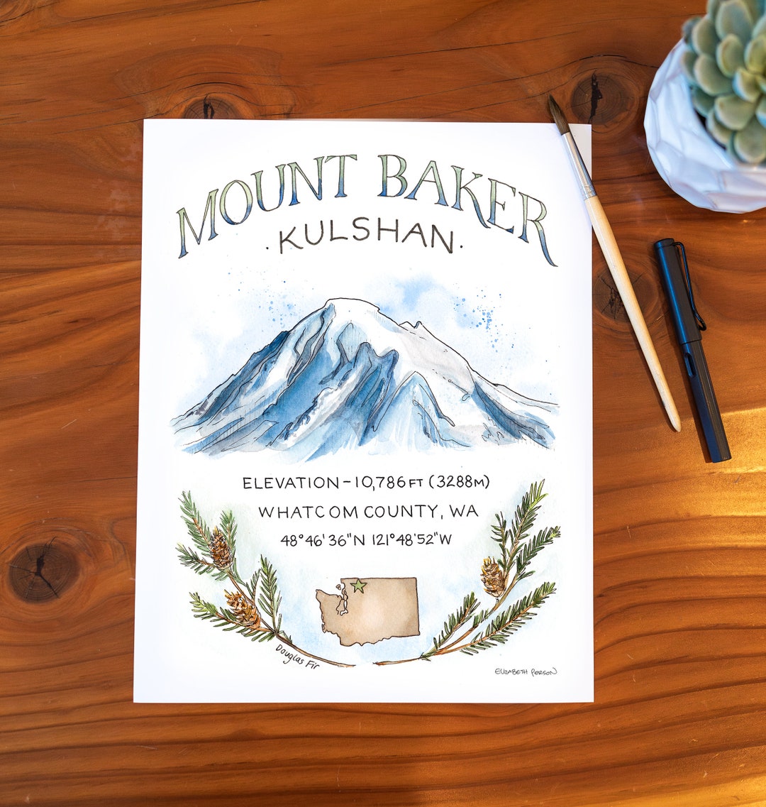 Mount Baker Mountain Watercolor Illustration Bellingham Wall Art Map ...