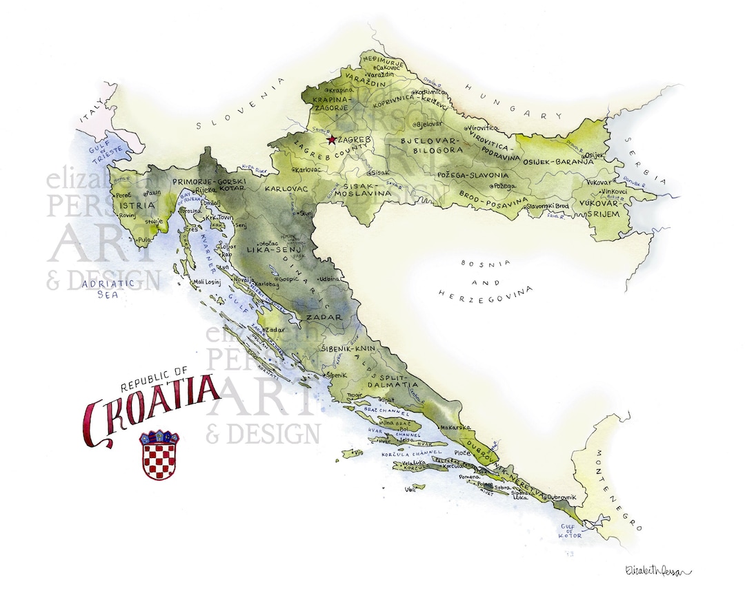 Croatia Watercolor Map Wall Dubrovnik Art Country Travel Print - Etsy