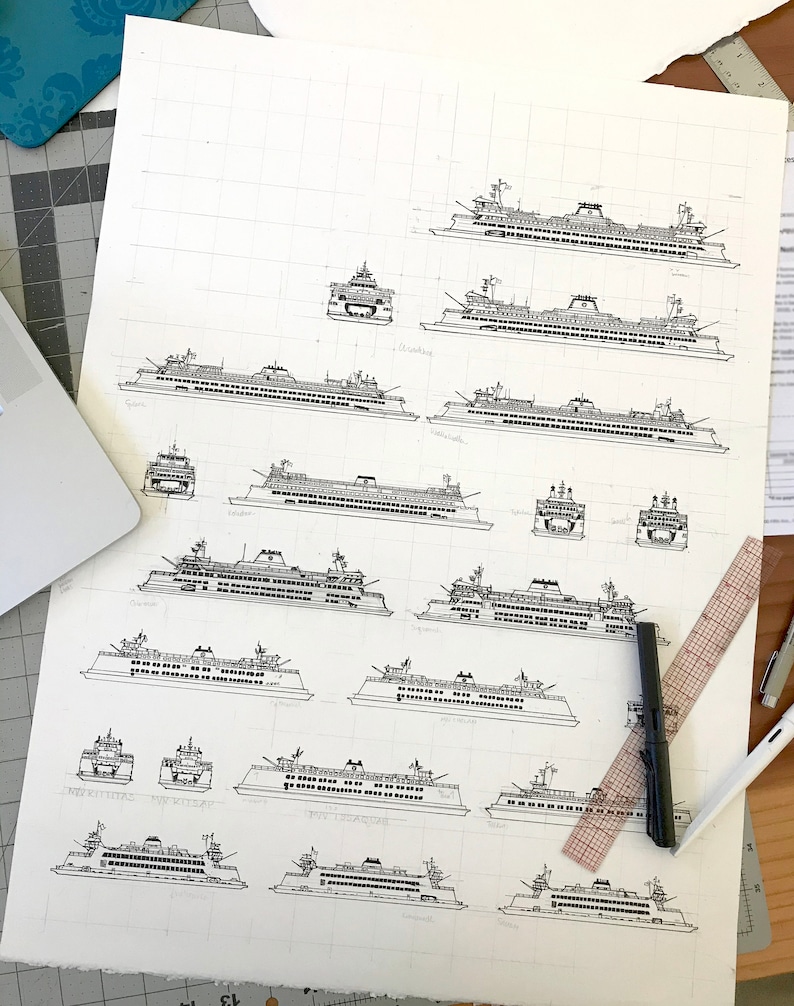Ferries of Washington State Ferry Chart Puget Sound Watercolor Art ...