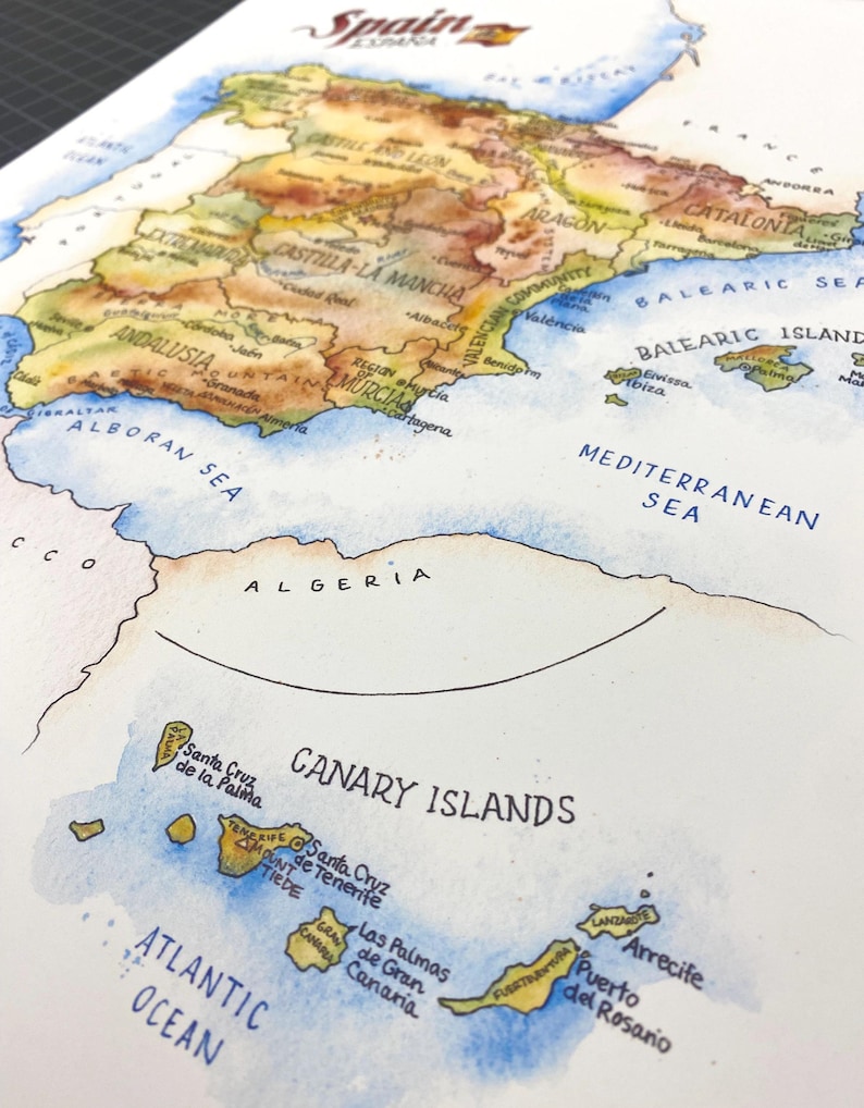Spain Map Watercolor Illustration Madrid Barcelona Sevilla Valencia ...
