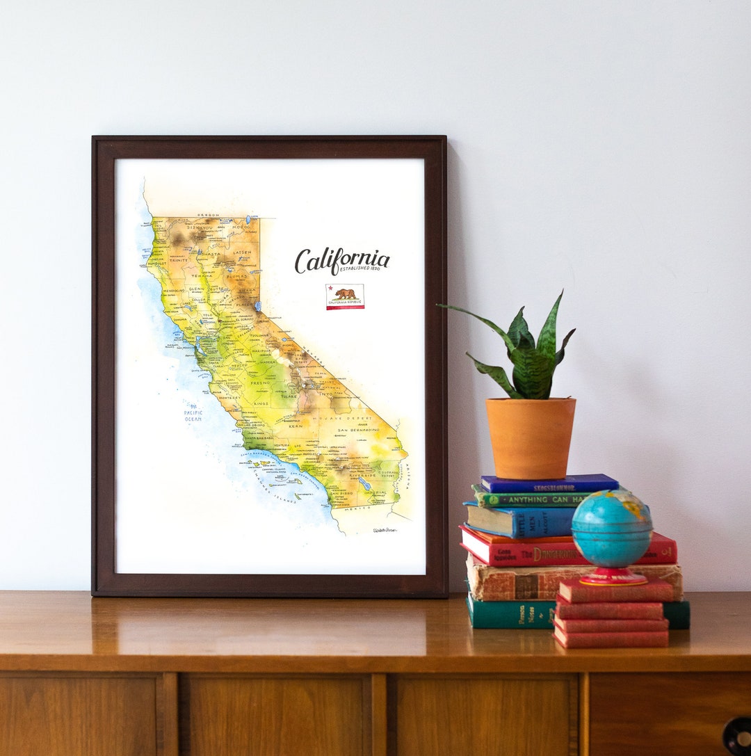 California State Map Watercolor Illustration CA Counties West Coast ...