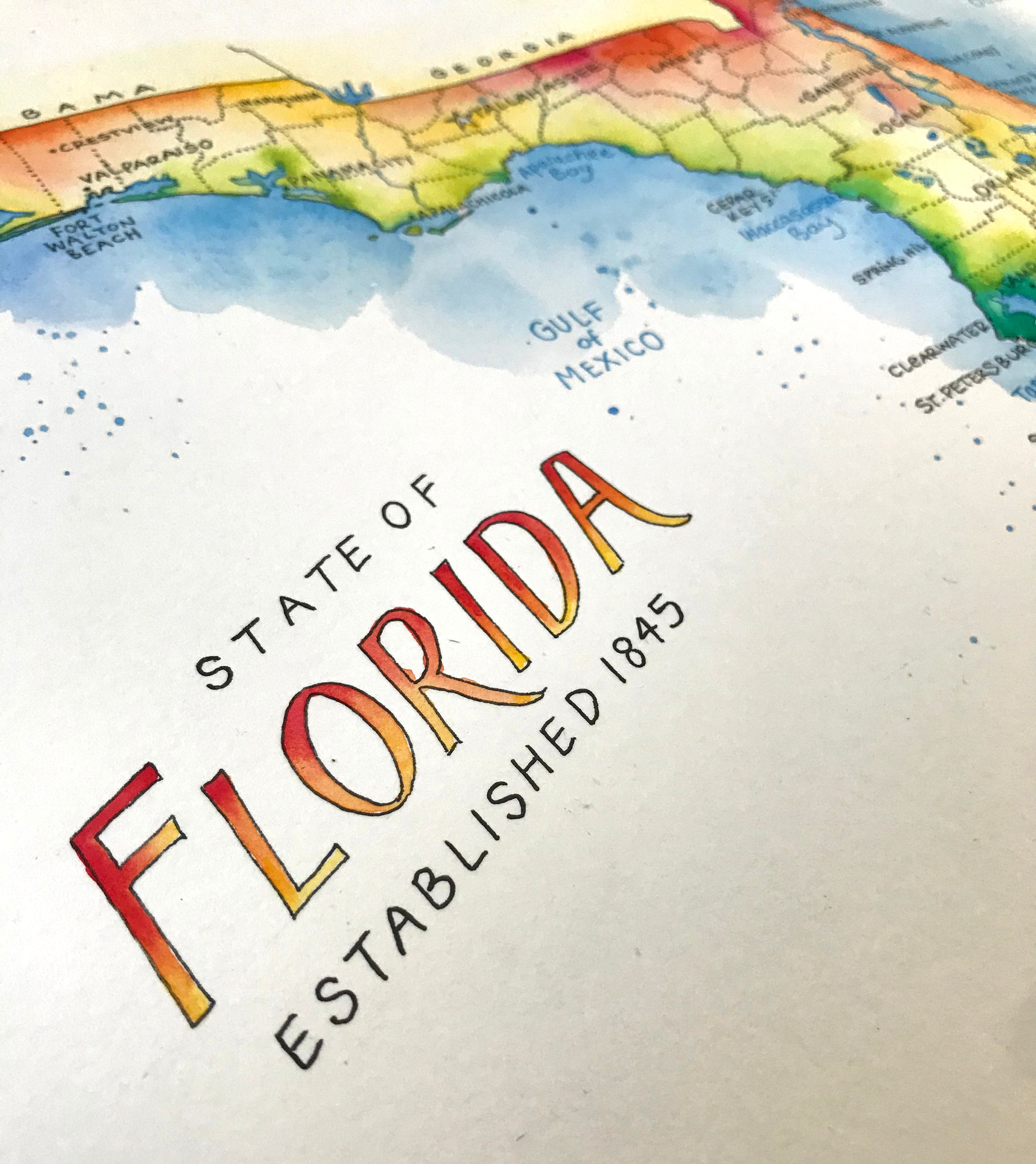 Florida Map Watercolor Illustration Colorful Vacation Map Wall FL Art ...