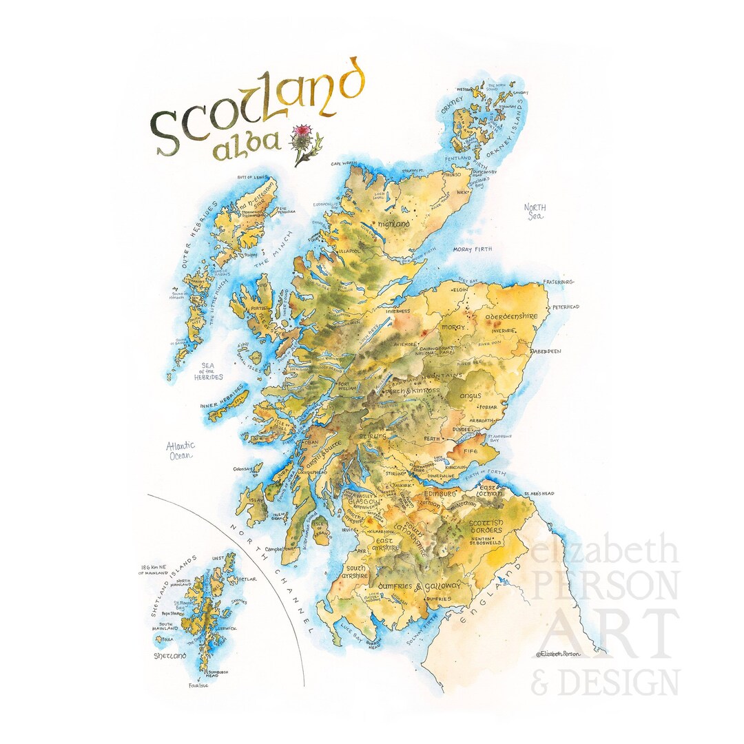Scotland Map Watercolor Illustration Alba Scottish Highlands - Etsy
