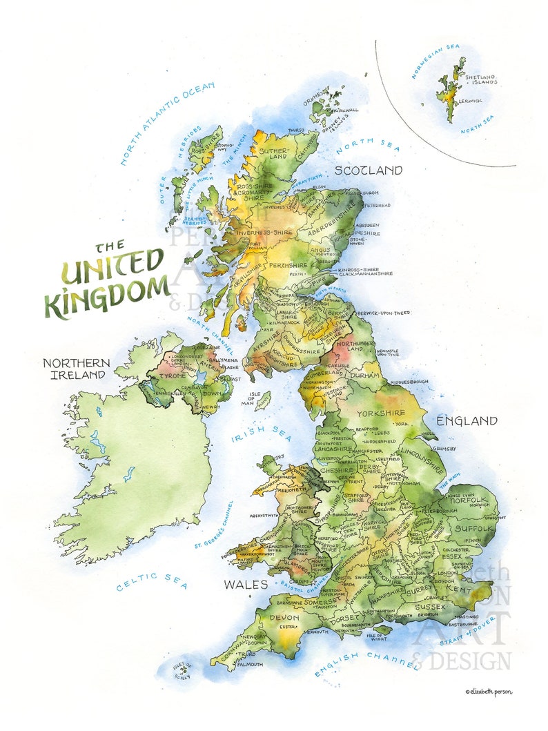 United Kingdom Watercolor Map Art Print Including Scotland - Etsy