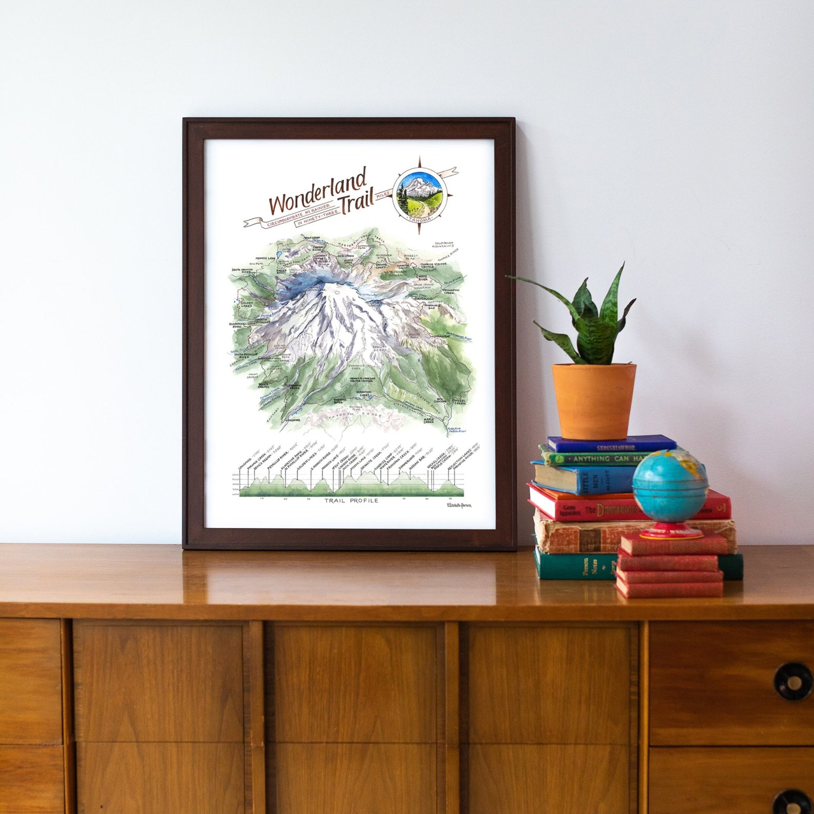 Wonderland Trail Map Detailed Watercolor Mount Rainier Tahoma Hiker ...