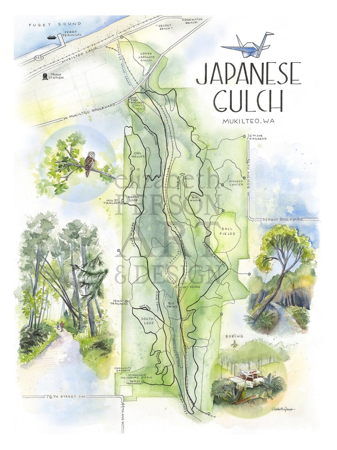 Japanese Gulch Watercolor Trail Map Art Print - Etsy