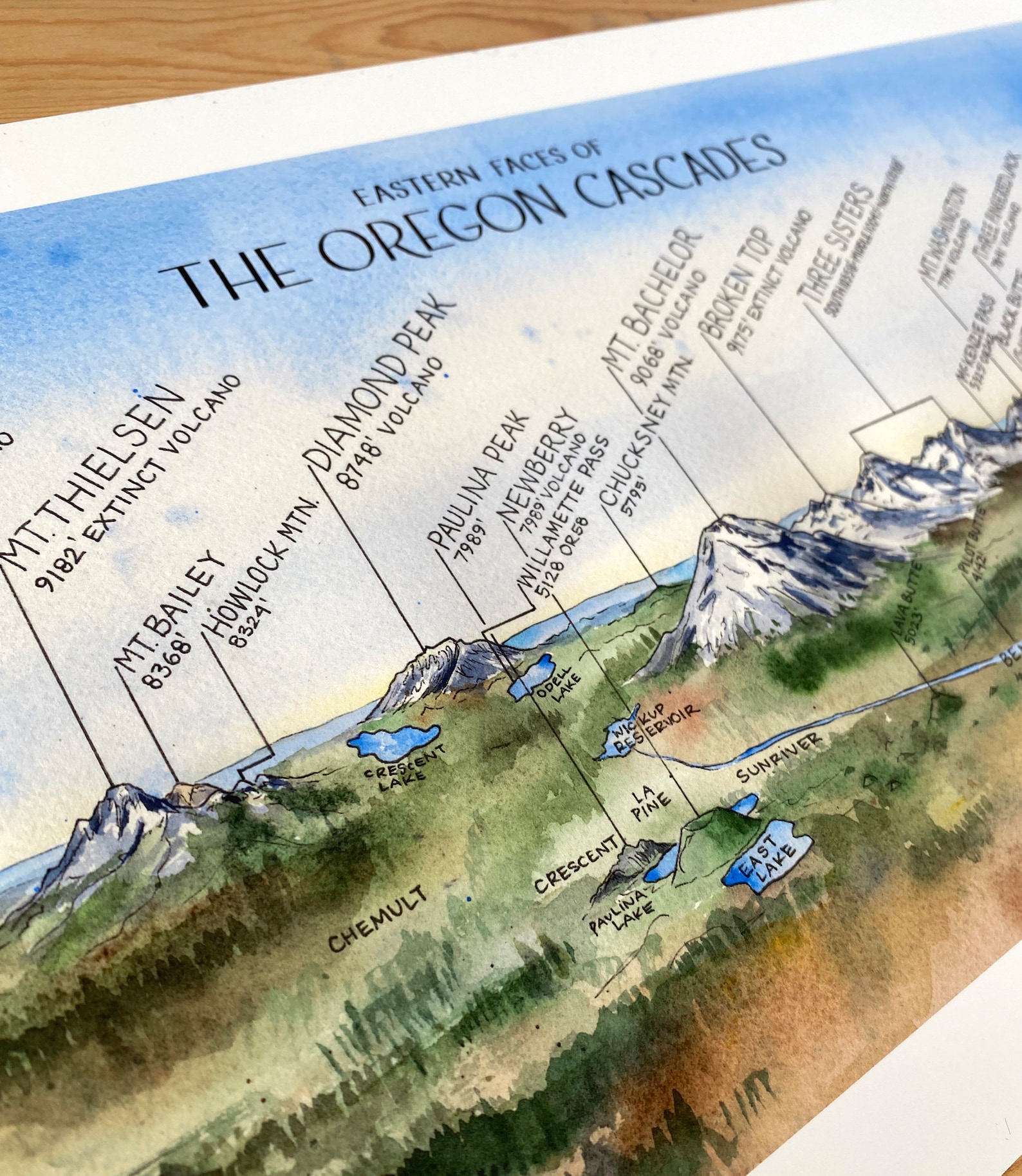 Eastern Faces of the Oregon Cascades Watercolor Illustration Peaks ...