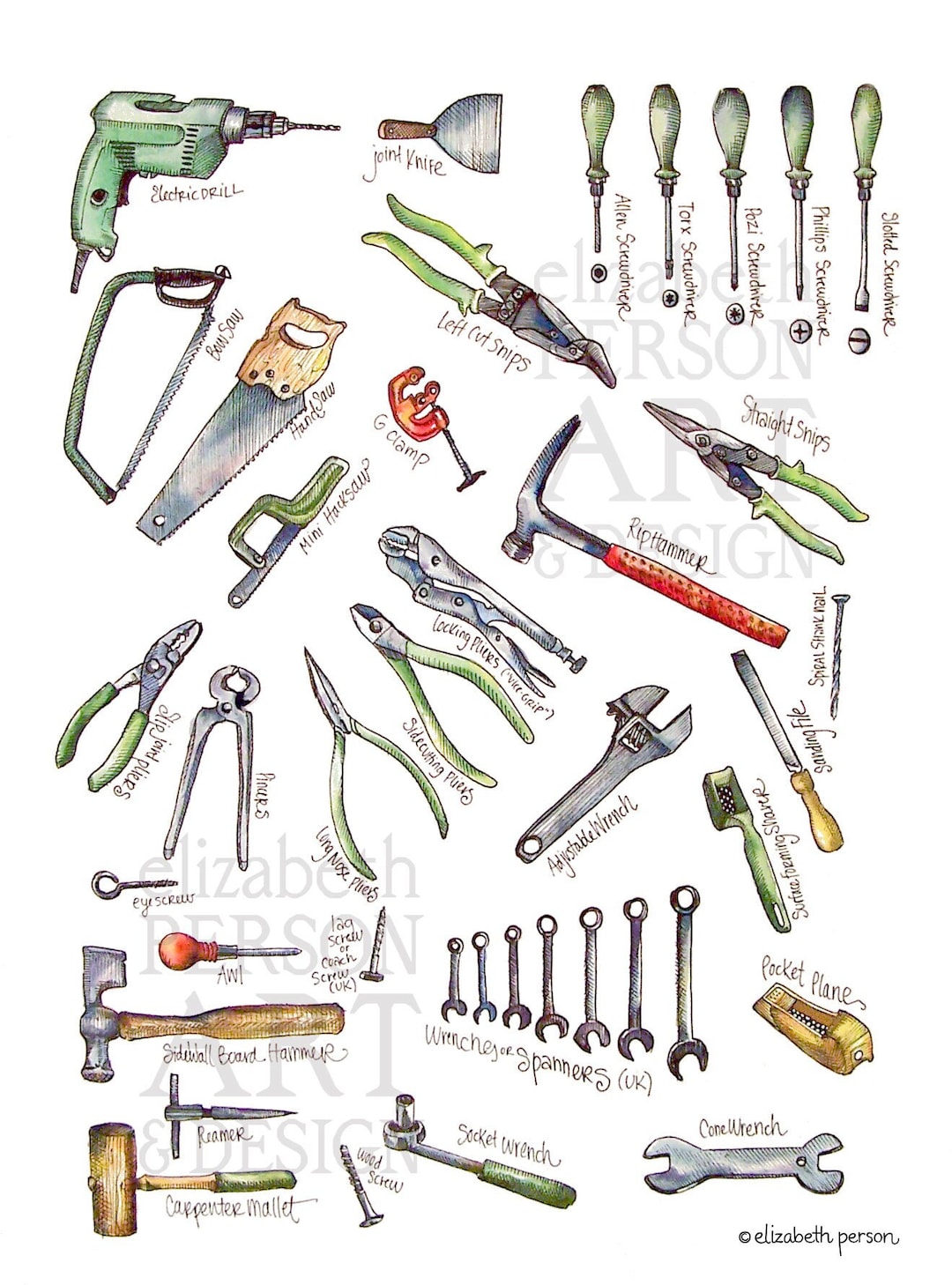 Tools Watercolor Illustration Art Print Tool Chart Gift for Husband ...