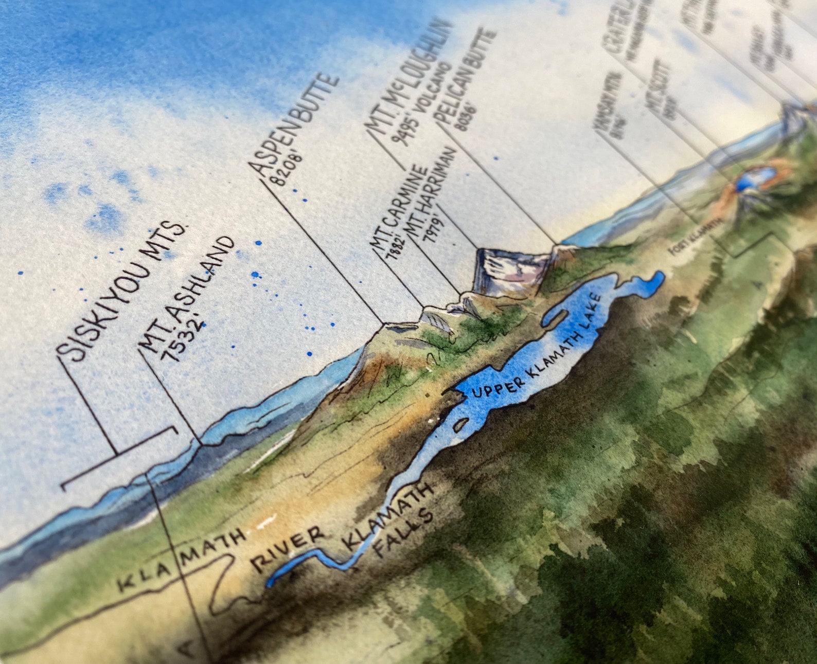 Eastern Faces of the Oregon Cascades Watercolor Illustration Peaks ...