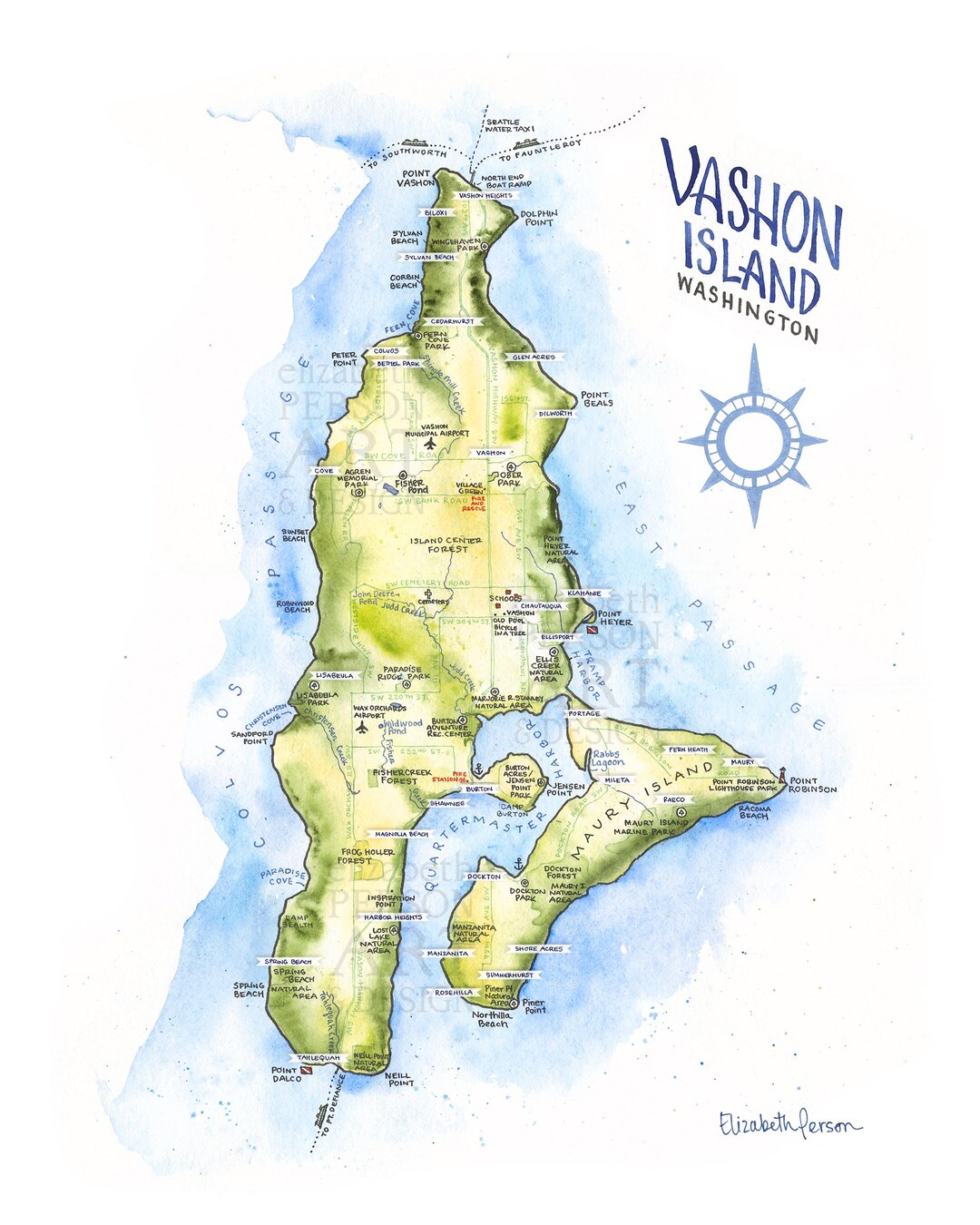 Vashon Island Watercolor Map Wall Art Print - Etsy