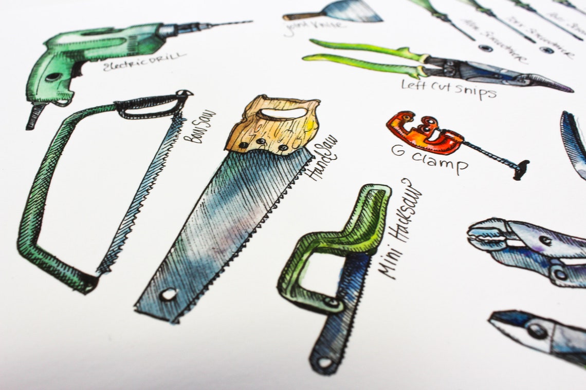 Tools Watercolor Illustration Art Print Tool Chart Gift for - Etsy