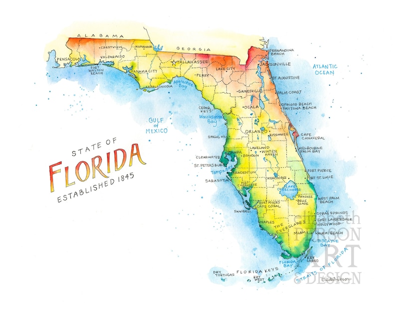 Florida Map Watercolor Illustration Colorful Vacation Map Wall FL Art ...
