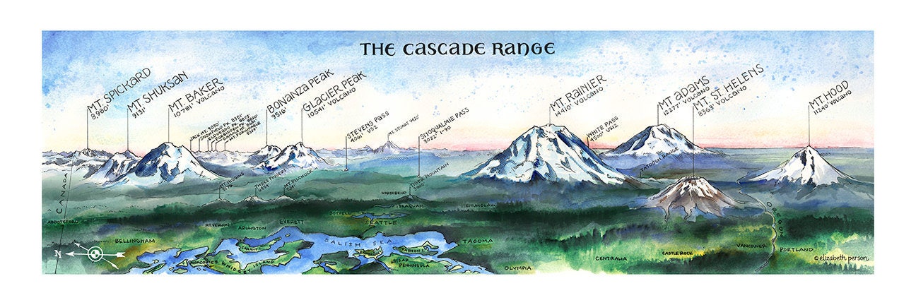 The Cascade Range Watercolor Illustration Cascades Mountains | Etsy