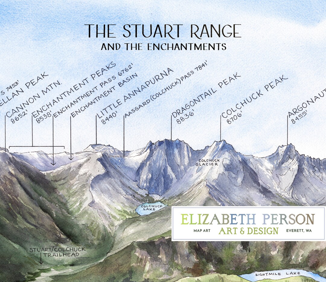 Stuart Range and the Enchantments Watercolor Illustration Cascade Range ...