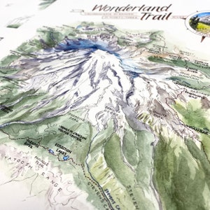 Wonderland Trail Map Detailed Watercolor Mount Rainier Tahoma Hiker ...