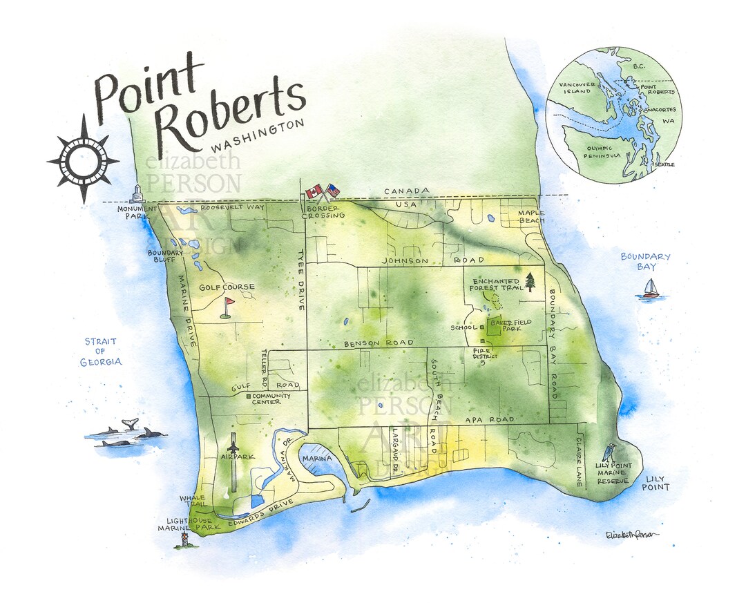 Point Roberts Map Watercolor Illustration US Canada Enclave Tsawwassen ...