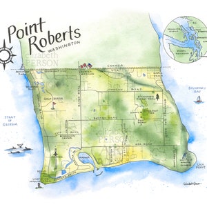 Point Roberts Map Watercolor Illustration US Canada Enclave Tsawwassen ...