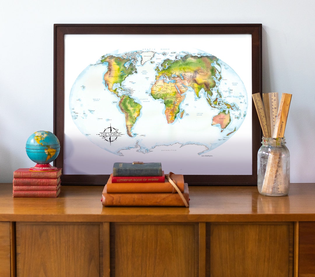 World Map Watercolor Illustration Hand Drawn Labeled Map Print Large ...