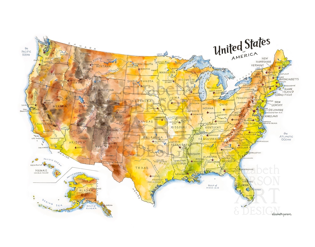 The United States of America Map Watercolor Illustration USA Map US Map ...