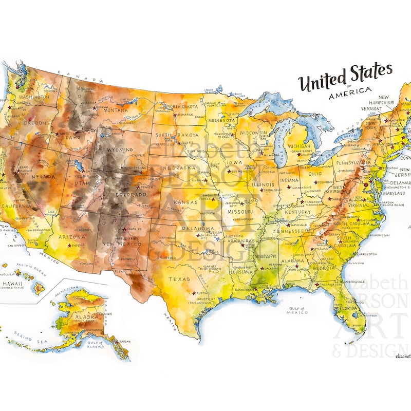 Watercolor Map of Us - Etsy