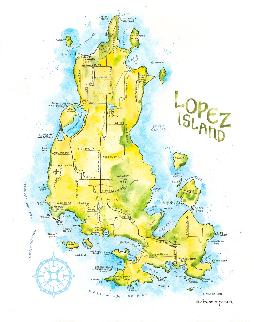 Lopez Island Wa Map Watercolor Illustration Nautical Map San Juan ...