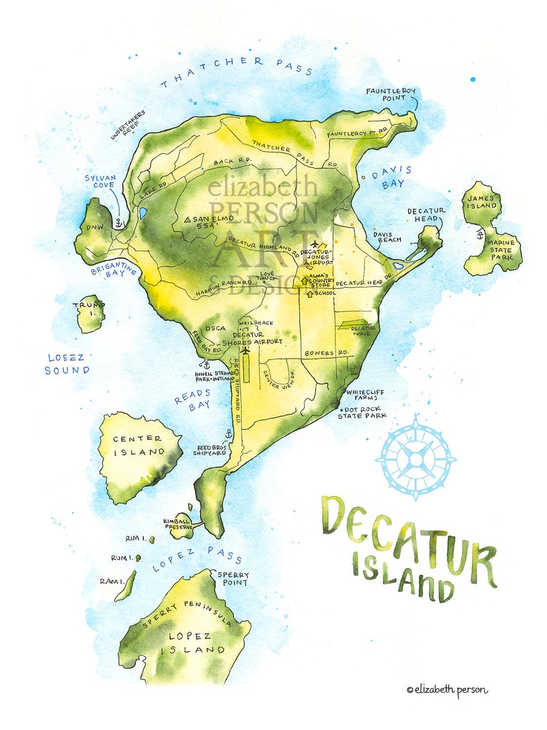 Decatur Island Wa Map Watercolor Illustration San Juan Islands Map Art ...