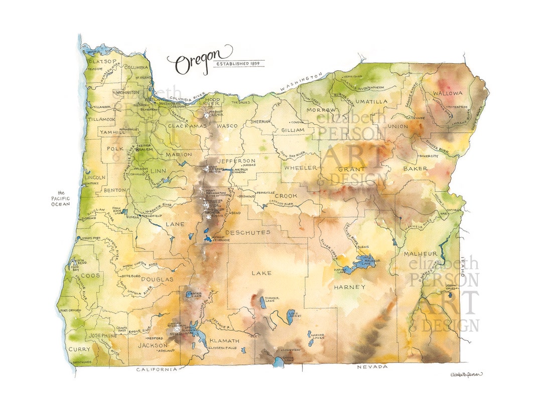 Oregon State Map Watercolor Illustration Portland Ashland Eugene Salem ...