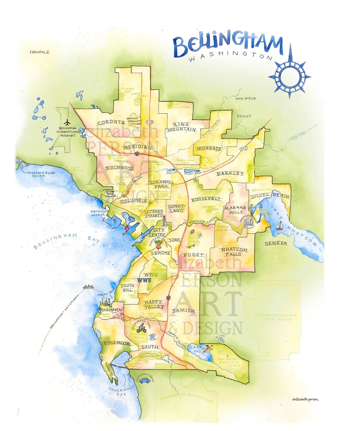 Bellingham Map Watercolor Illustration Puget Sound - Etsy