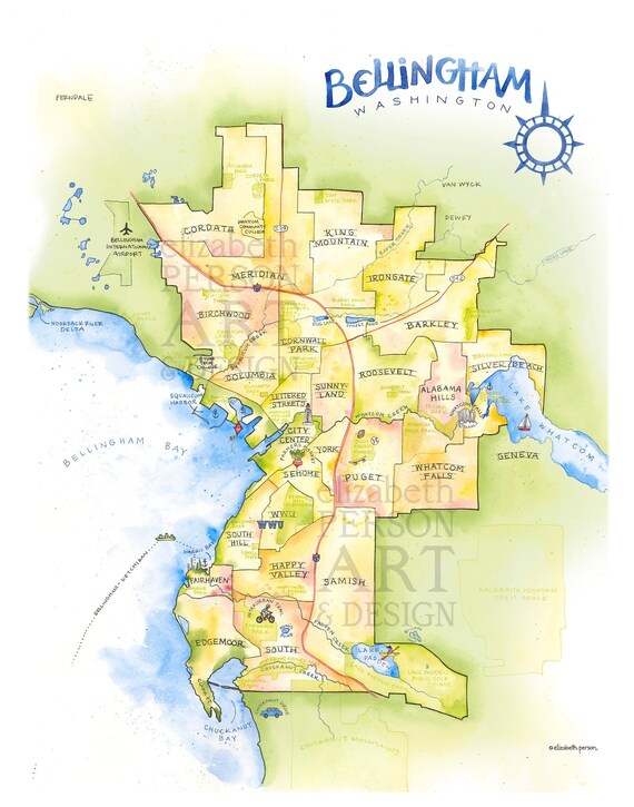 Bellingham Map Watercolor Illustration Puget Sound - Etsy