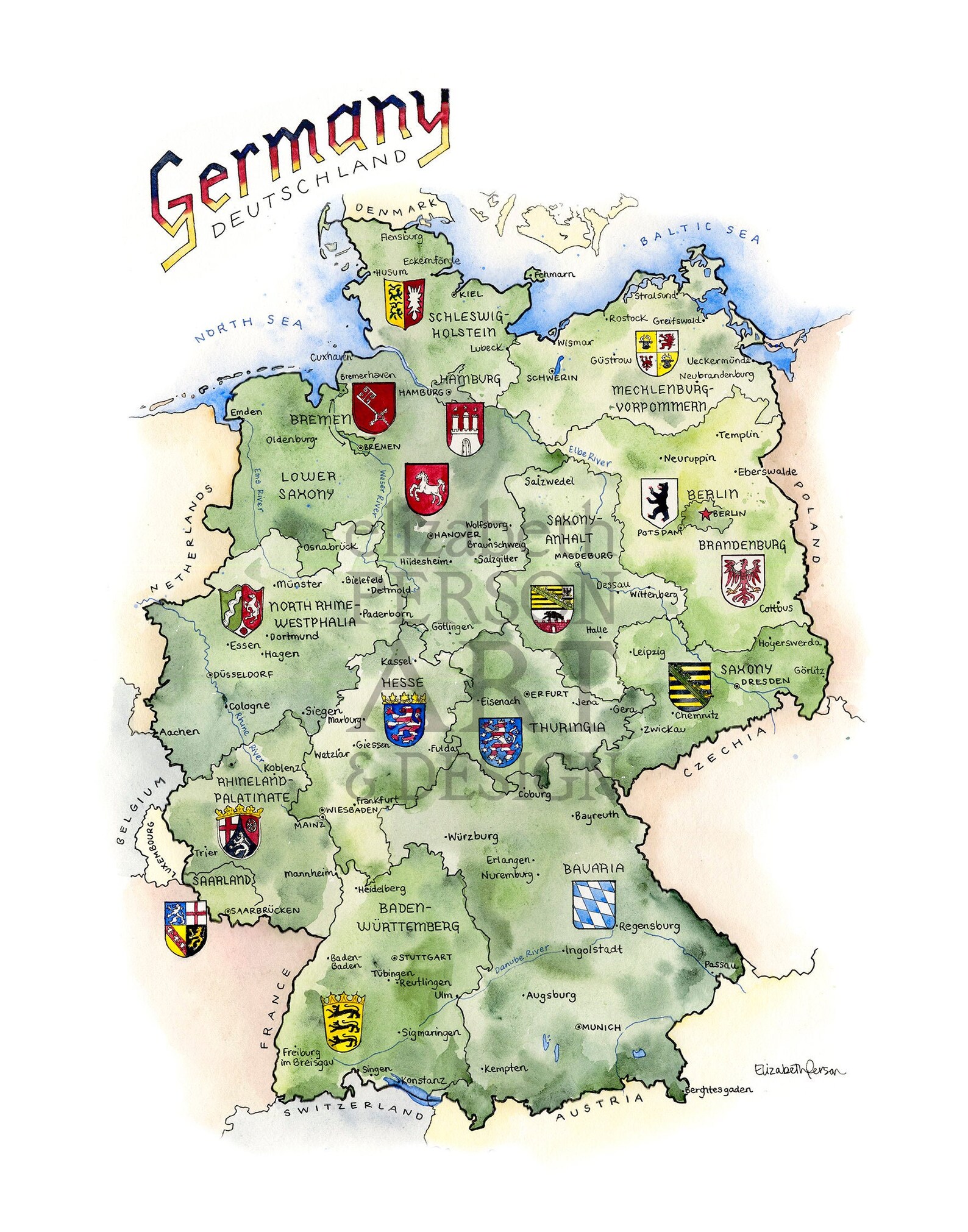 Germany Watercolor Map Art Print Including Berlin, Hamburg, Cologne and ...