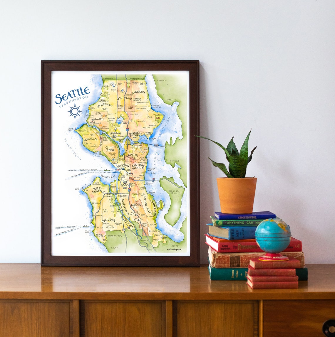 Seattle Map Watercolor Illustration Puget Sound Neighborhood - Etsy