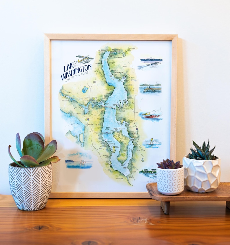 Lake Washington Map Watercolor Illustration Wall Art Print Painting - Etsy