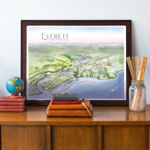 Everett Washington Neighborhood Map Illustration WA State City ...