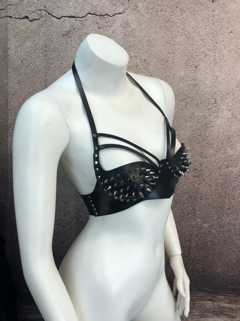 The Vendetta Spiked Bra Halter Leather Bra With Spike Detail Etsy