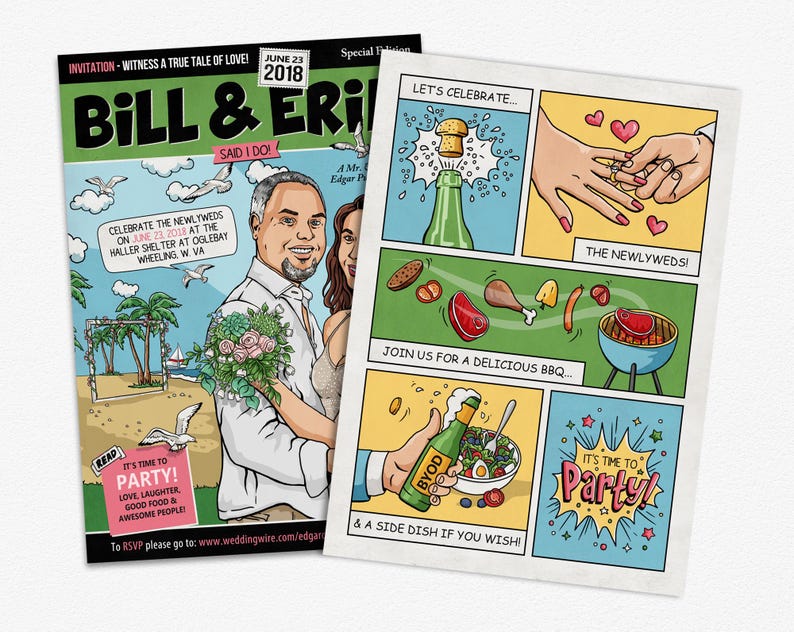 Custom Comic Book Wedding Invitation: Hand-drawn Portraits (digital ...