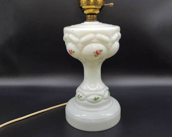 Vintage Hurricane Lamp Base Milk Glass Electric White Hand Painted Pink ...