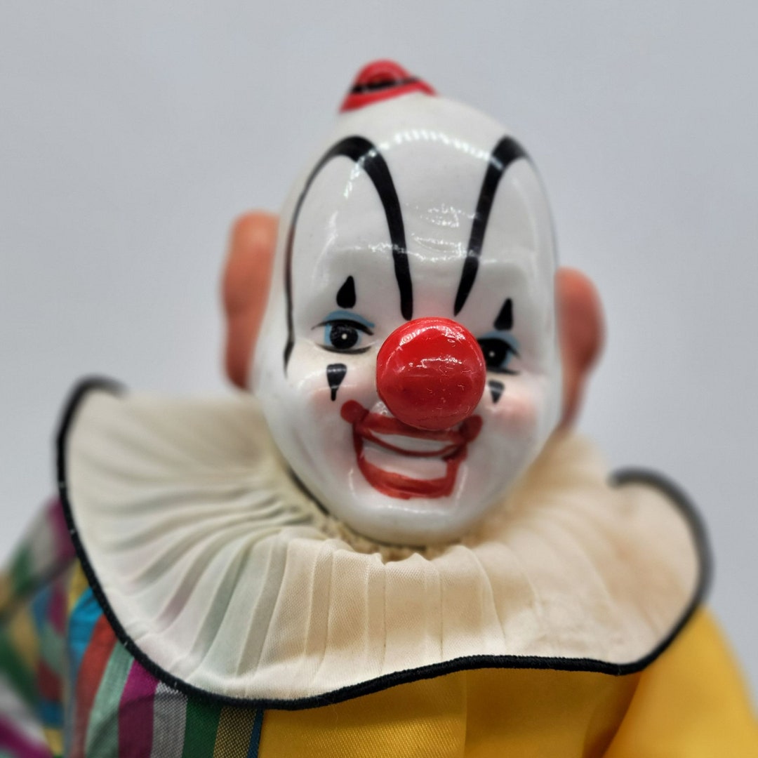Vintage Circus Clown Doll 12 1/2 Porcelain Head Yellow Metallic Taffeta ...