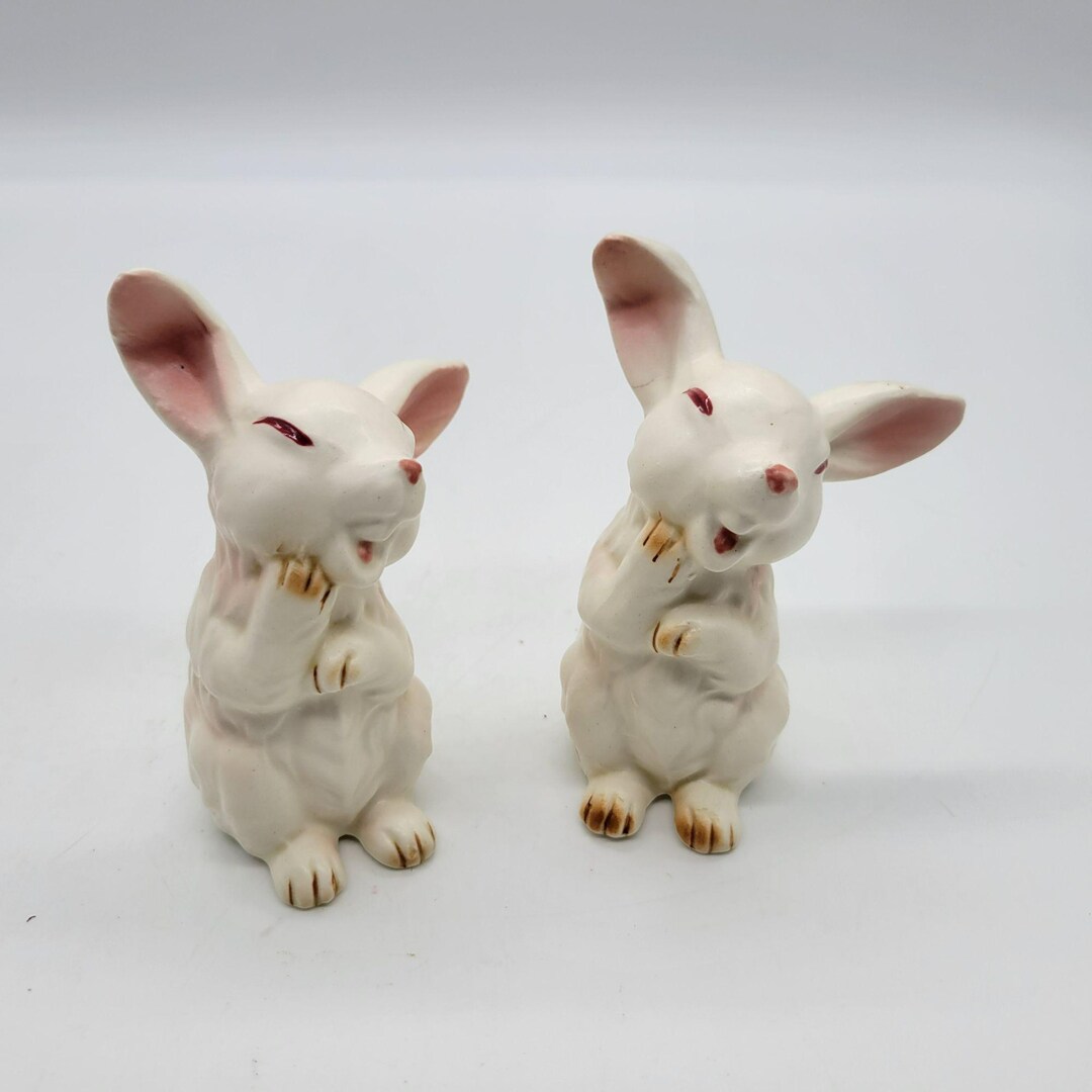 Pair Lefton Laughing Bunny Rabbit Figurines White Ceramic Pink Red Eyes ...