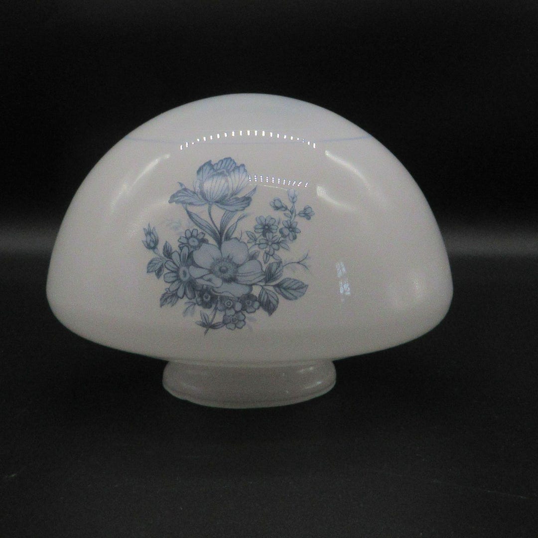 Vintage Milk Glass Ceiling Shade Flush Mount Blue Flowers on White 5 ...