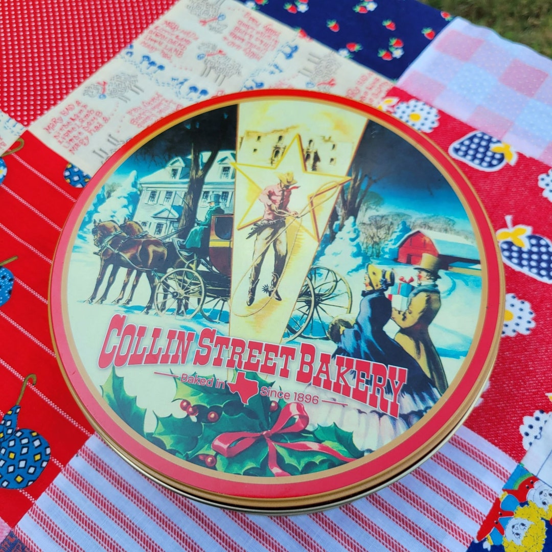 Fruitcake Tin 8" Collins Street Bakery Corsicana TX Christmas Button ...