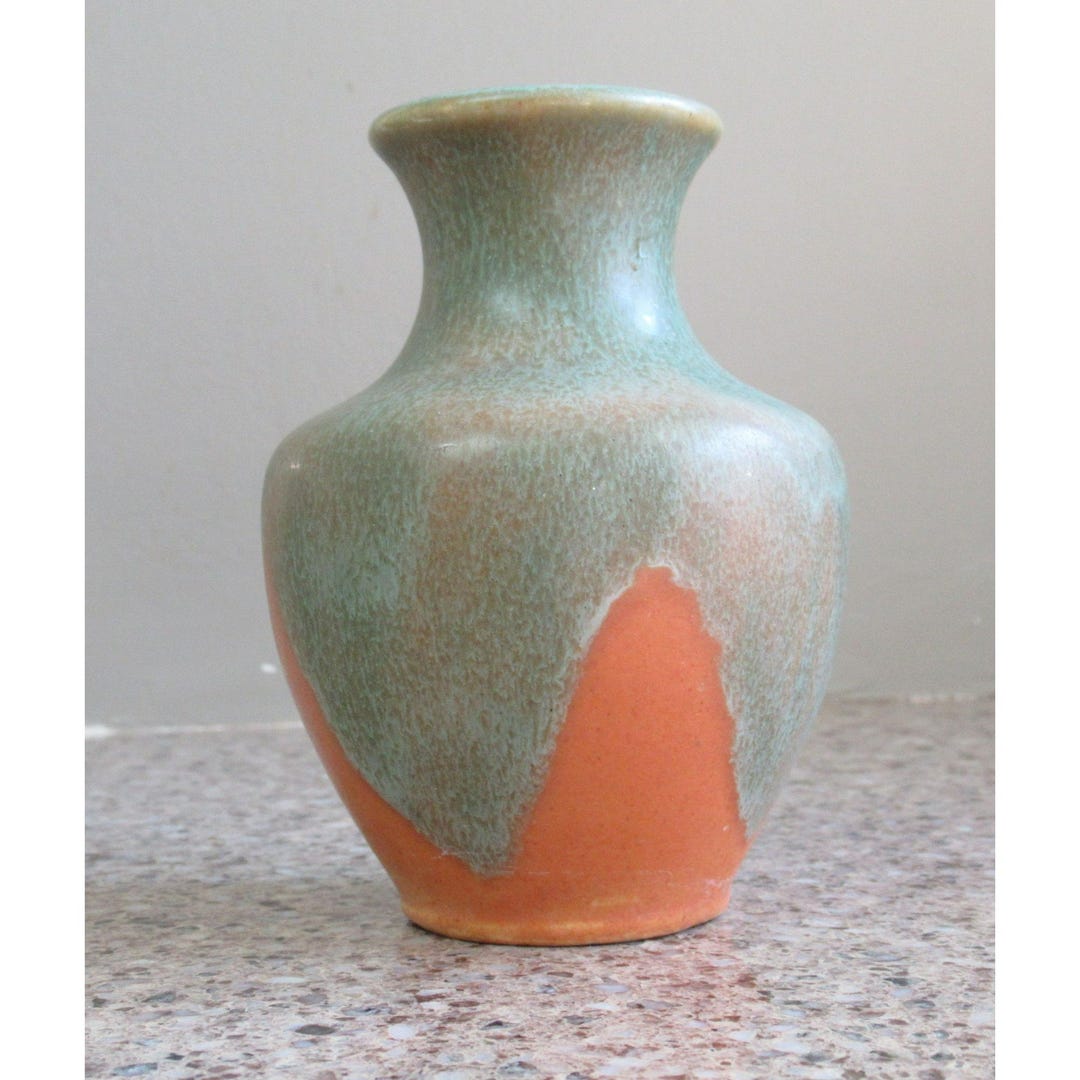 Handcrafted Camark Arts & Crafts Vase Matte Green and Orange Glaze 4.5 ...