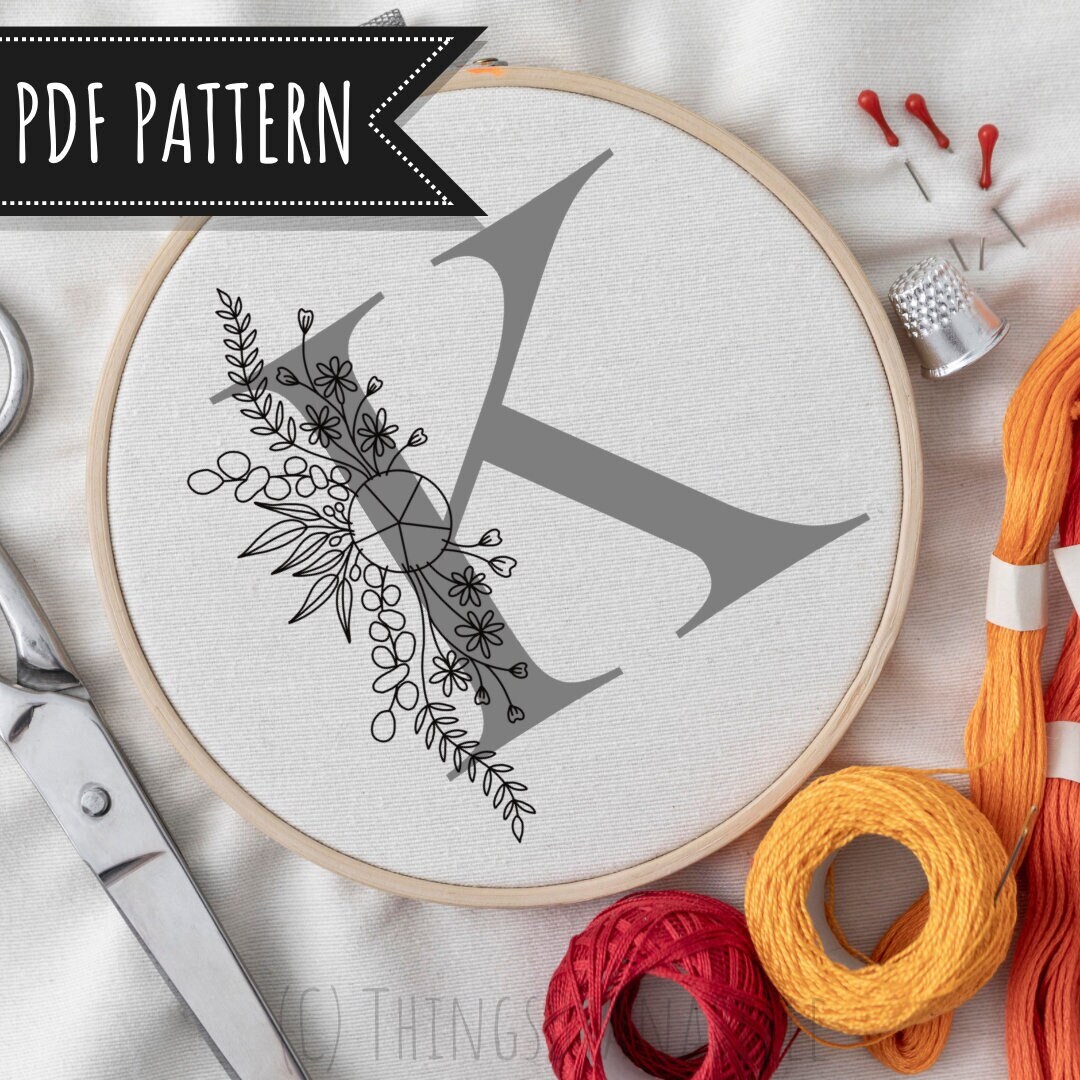 TEMPLATE Embroidery Monogram Initial ‘K’, Floral Pattern Template ...