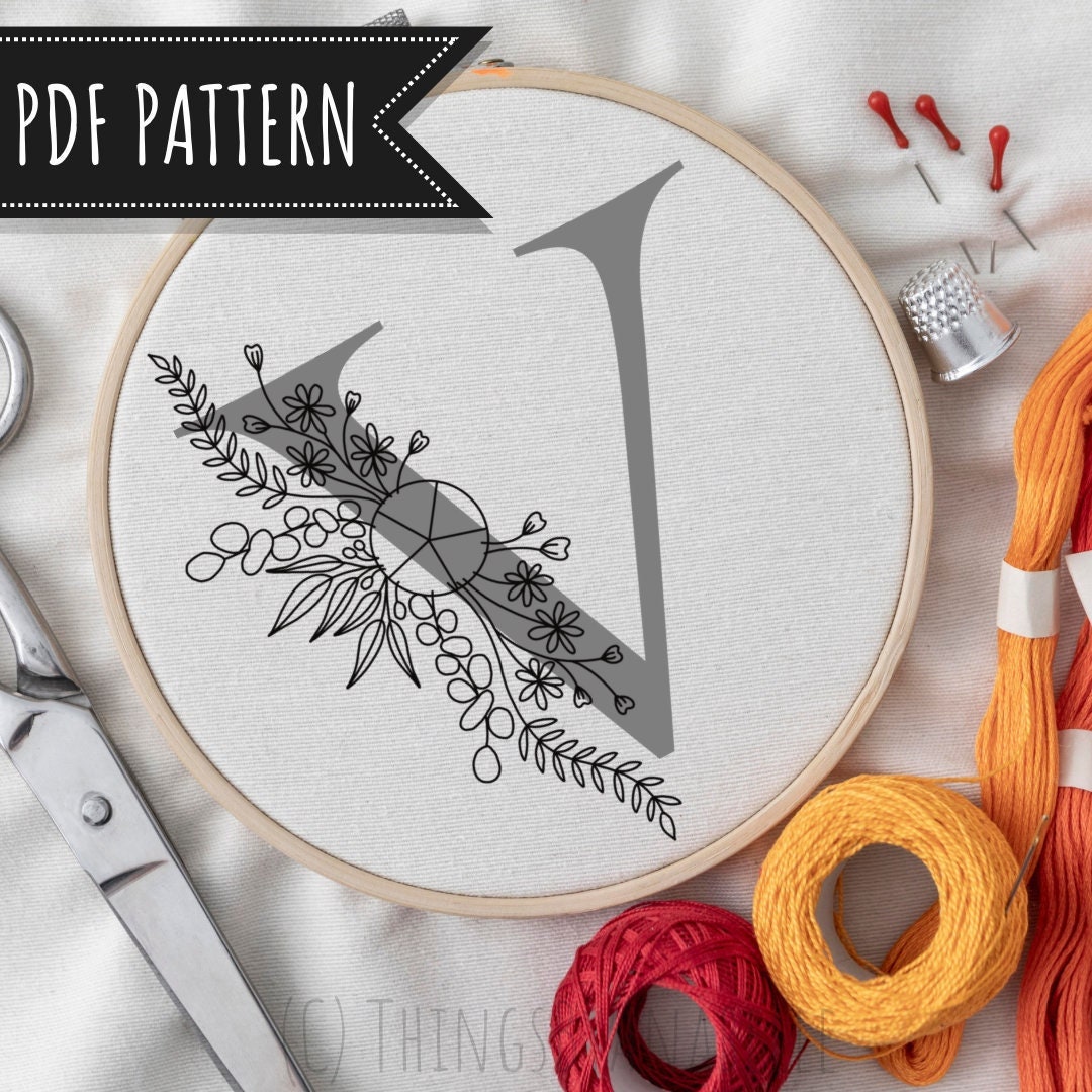 TEMPLATE Embroidery Monogram Initial ‘V’, Floral Pattern Template ...