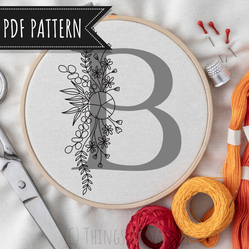 TEMPLATE Embroidery Monogram Initial ‘B’, Floral Pattern Template ...