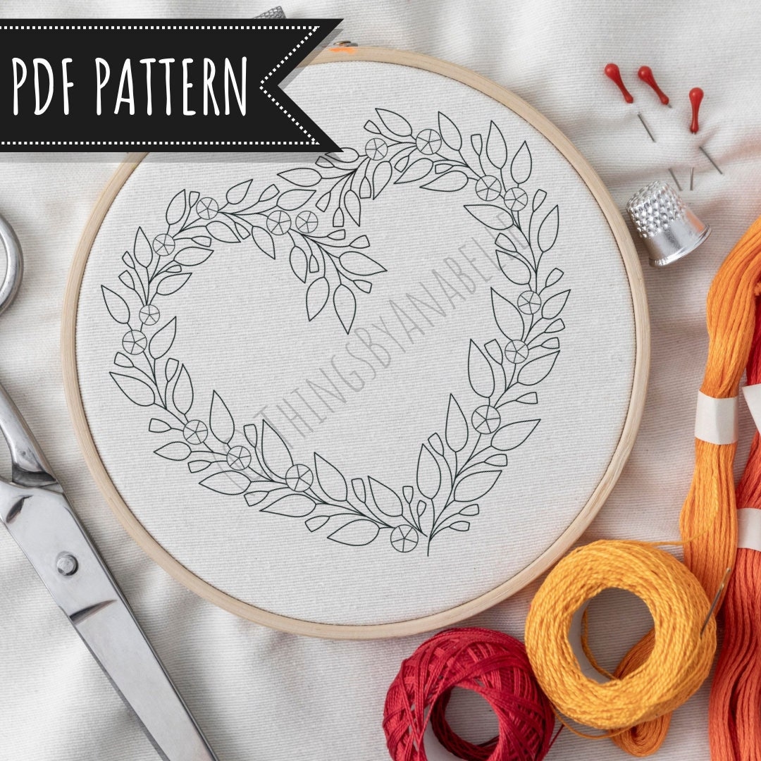 TEMPLATE Leafy Heart Embroidery Pattern - Floral Line Art, Design, Pdf ...