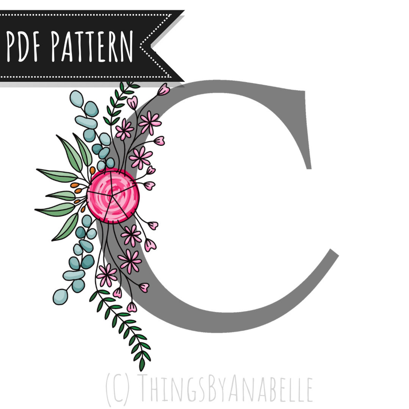 TEMPLATE Embroidery Monogram Initial ‘C’, Floral Pattern Template ...