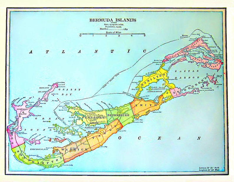 1899 Map of Bermuda Islands, Caribbean Islands, Atlantic Ocean, High ...