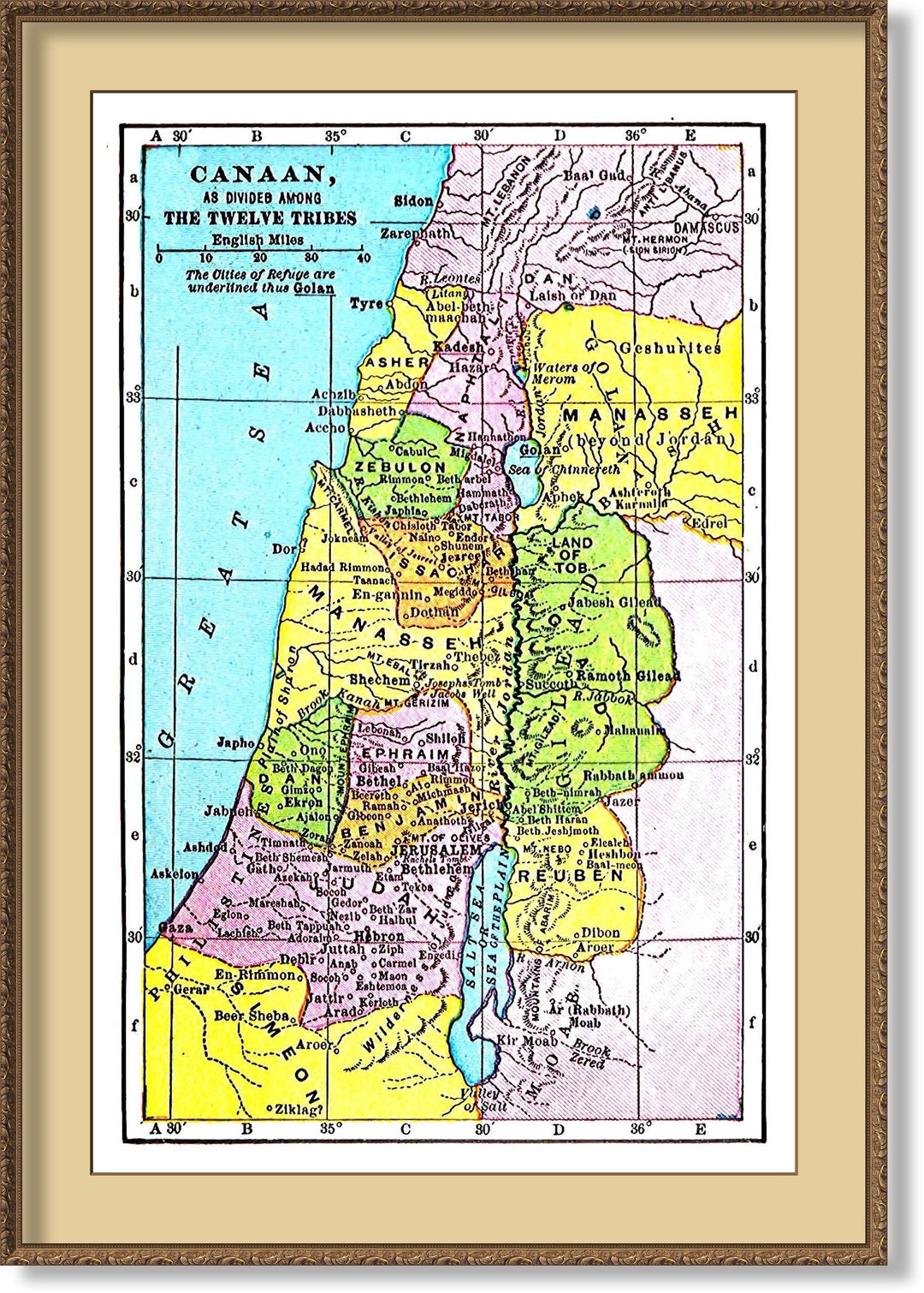 Canaan as Divided by 12 Tribes of Israel, Cities of Refuge Are ...